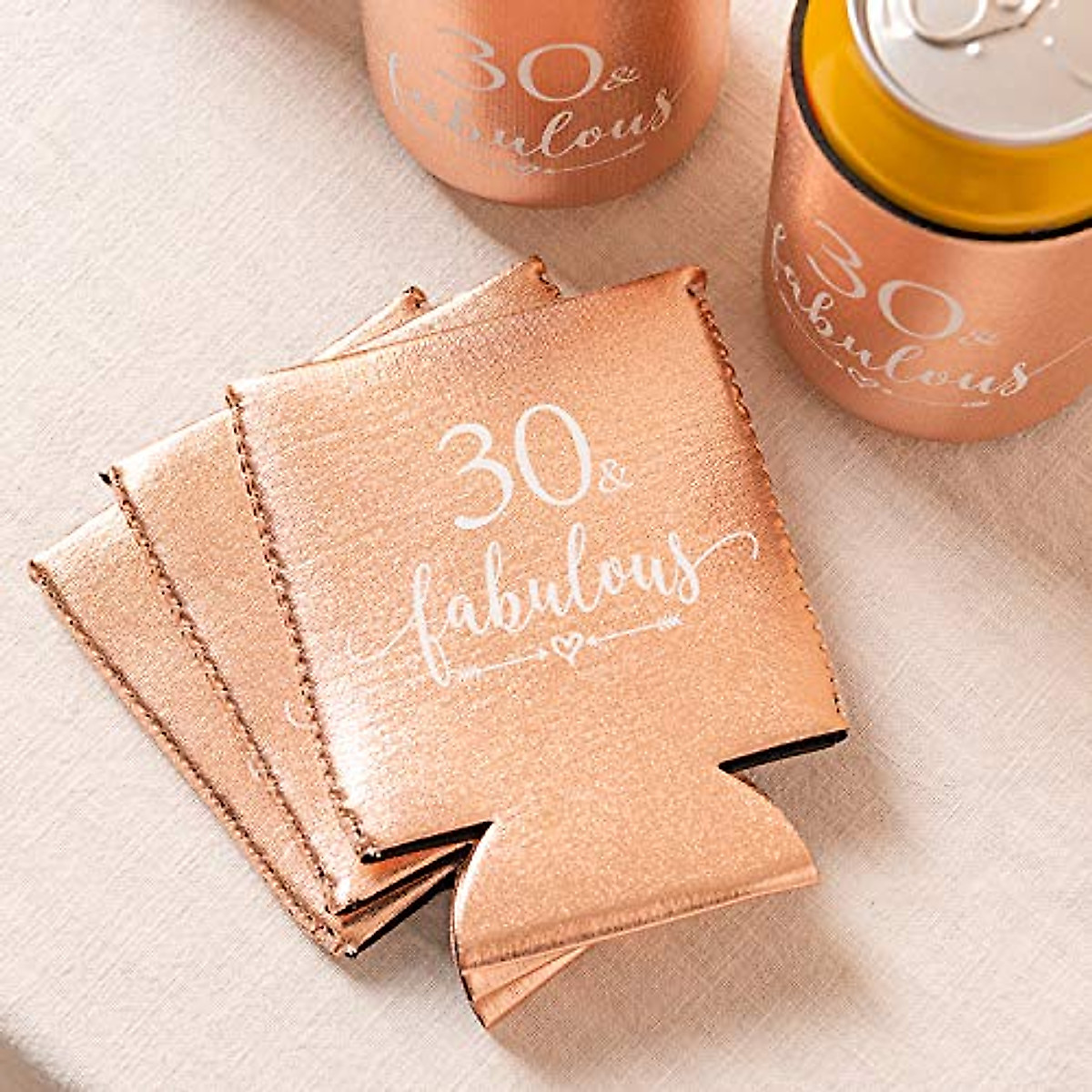 Crisky 30 Fabulous Can Cooler Rose Gold 30th Birthday Decorations Beer Sleeve Party Favor, Can Covers with Insulated Covers, 12-Ounce Neoprene Coolers for Soda, Beer, Can Beverage, 12 Rose Gold