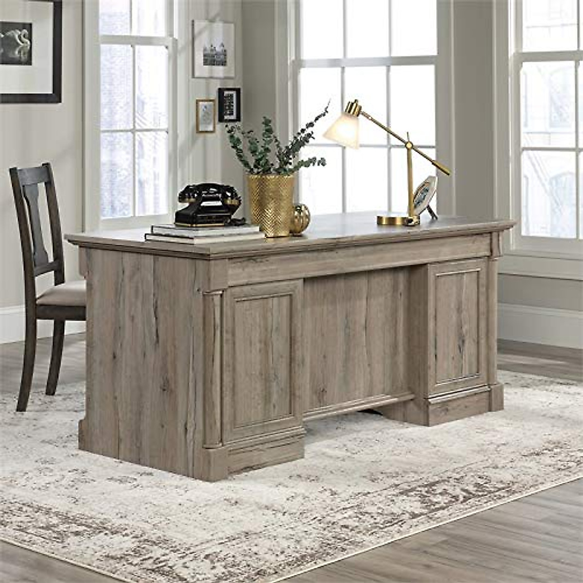 Sauder Palladia Executive Desk, L: 65.12" x W: 29.53" x H: 29.61", Split Oak finish