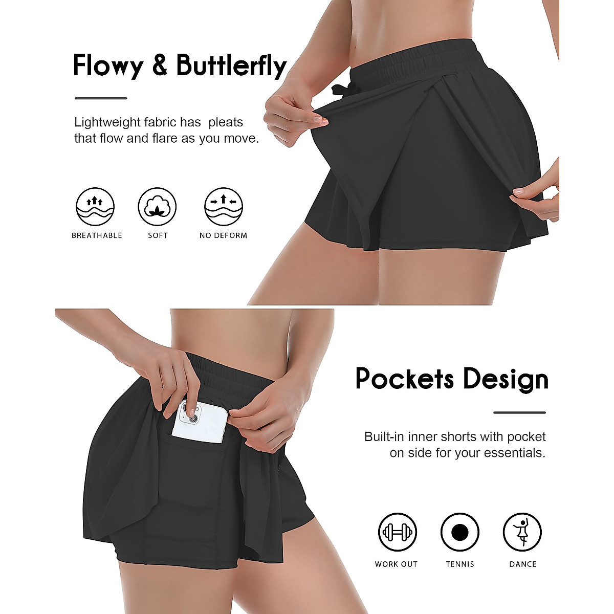 QooNoo 2 in 1 Athletic Shorts for Women Flowy Running Butterfly Shorts with Pockets High Elastic Gym Shorts Workout Tennis Skorts (Black,X-Small)