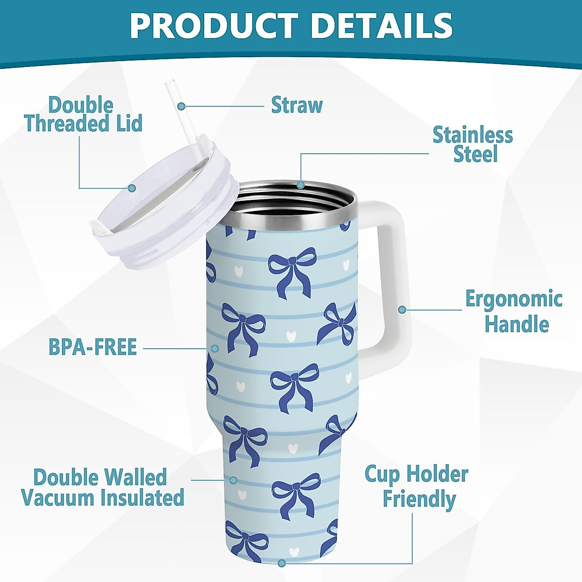 Bseiialft 40 oz Tumbler with Handle Blue Bow Heart Stripe Water Bottle with Lid and Straw Vacuum Insulated Cup Stainless Steel Travel Coffee Mug for Home Office Car