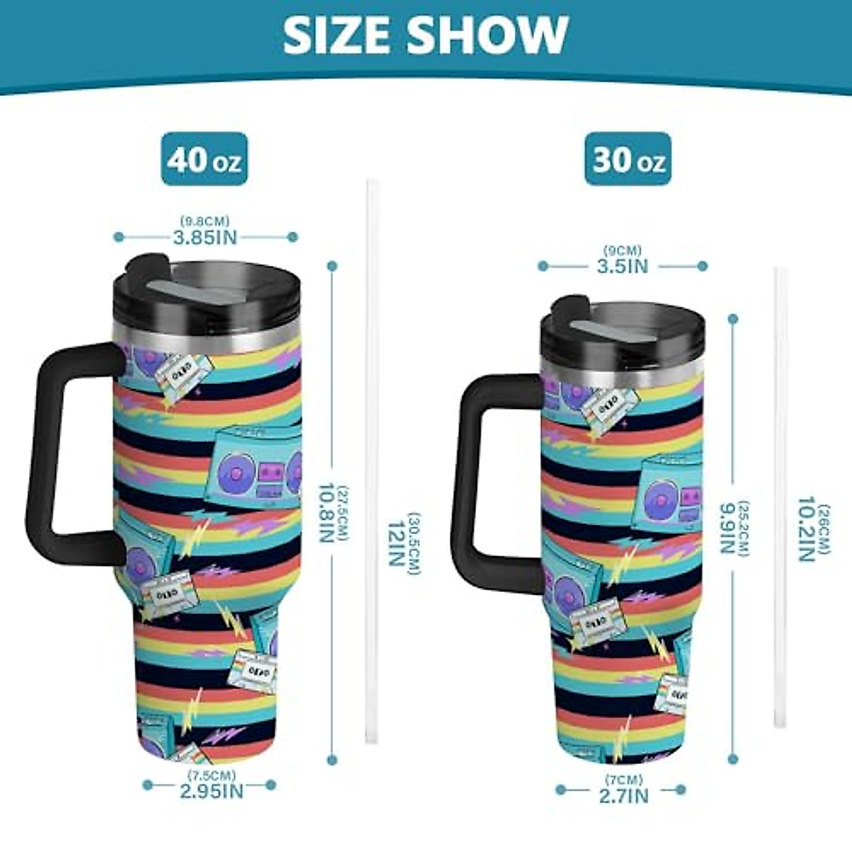 Exnundod Seamless Radio Tape Recorder Tumbler with Handle 30oz and Straw Cassette Music Insulated Tumblers Leak-proof Water Bottle for Car Travel