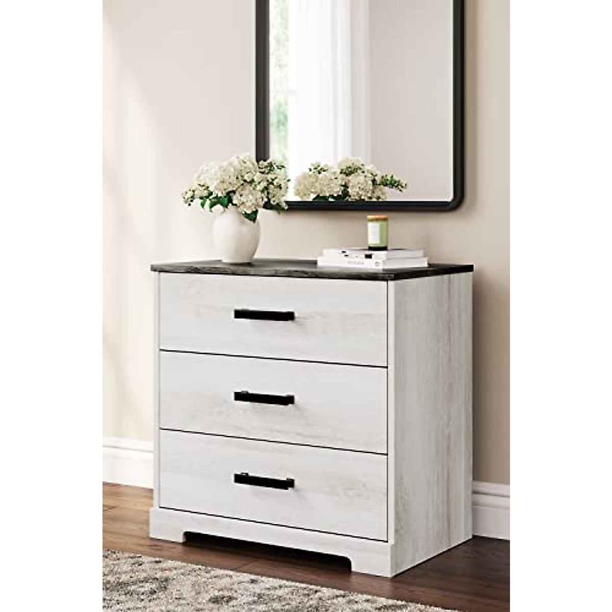 Signature Design by Ashley Shawburn Rustic 3 Drawer Chest of Drawers, White & Gray