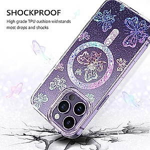 GUAGUA for iPhone 14 Pro Max Magnetic Case, Compatible with Magsafe Clear Glitter Butterfly Slim TPU Transparent Shockproof Protective Bling Phone Case for iPhone 14 Pro Max 6.7", Fantasy Butterfly