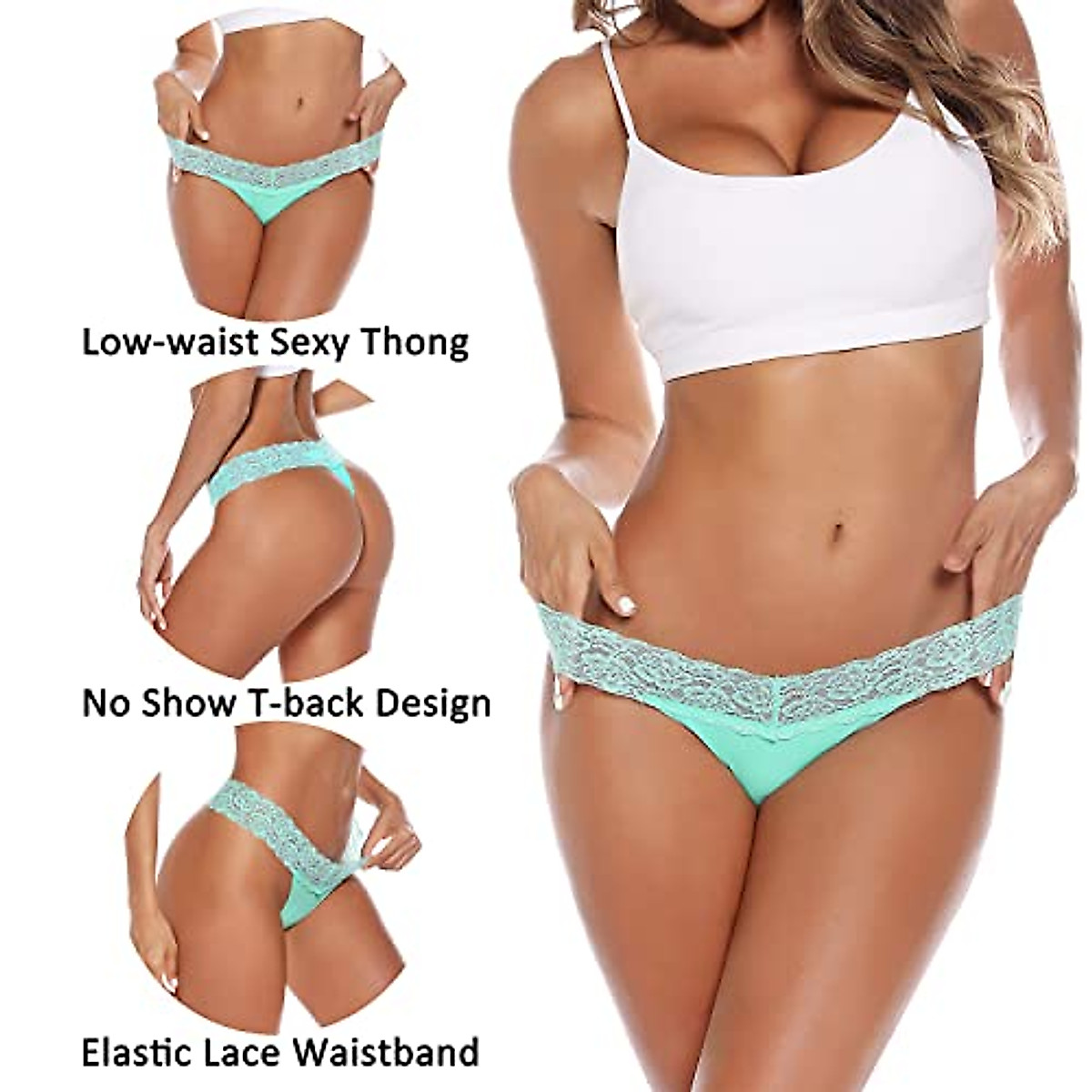 LEITNIAS Seamless Thongs For Women Lace Underwear Seamless Panties Bikini Bottom T-Back Tanga No Show Underwear For Women 6 Pack