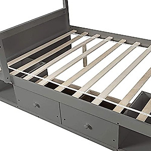 ATH-S Twin Over Twin Bunk Bed, Bunk Bed Frame with Storage Drawers, Wooden Twin bunk Bed with Safety Rail Ladder, Grey (Color : Grey with Trundle, Size : Full Over Full)