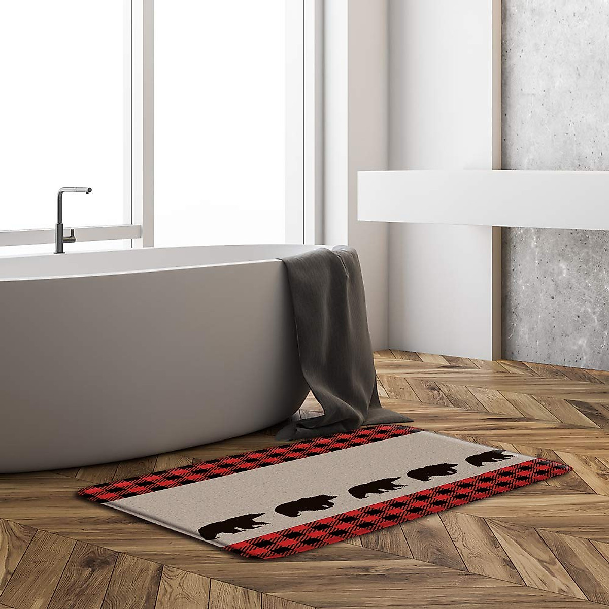 LIVEFUN Black Bear Plaid Bath Mat Camping Cabin Wildlife Bear Silhouettes Red Black Buffalo Check Vintage Farm Rustic Microfiber Memory Foam Bathroom Rugs,16X24Inch