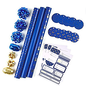 MAYPLUSS Wrapping Paper Set - Mini Roll with Bow & Ribbon & Gift Tags & Stickers - 17 inch X 120 inch Per roll - Royal Blue Design (42.3 sq.ft.TTL)