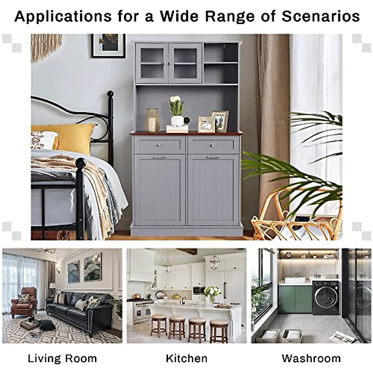 YOCONYO Double Tilt Out Trash Cabinet Storage Cabinet 20 Gallon with Two Solid Wood Hideaway Trash Holder Drawers, Dual Wooden Free Standing Recycling Cabinets Trash Can Bin Kitchen (Gray)