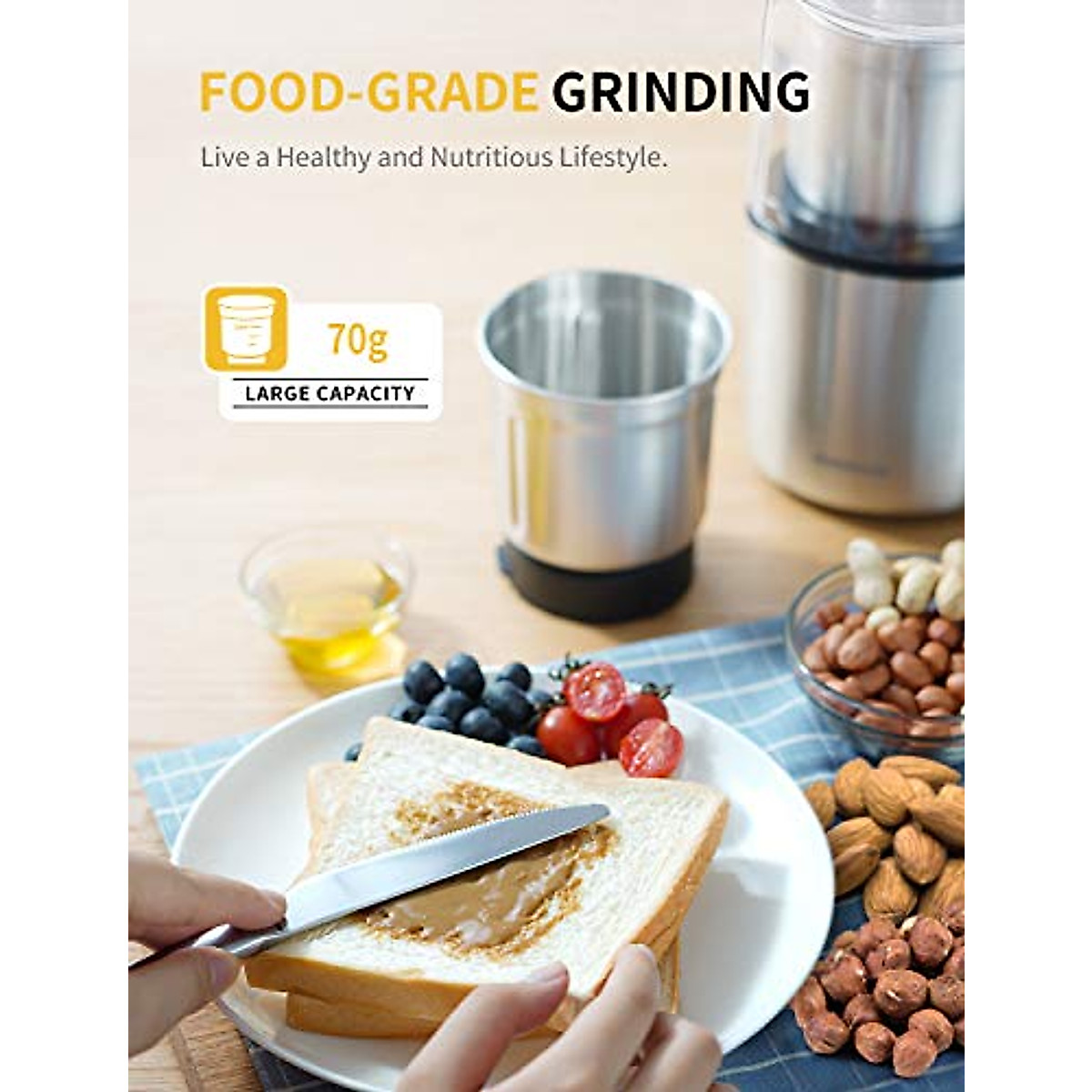 SHARDOR Coffee Grinder Electric, Herb Grinder, Spice Grinder Electric, Wet Grinder for Spices and Seeds with 2 Removable Stainless Steel Bowls, Silver