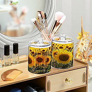 ALAZA Yellow Sunflower Stylish Floral 2 Pack Qtip Holder Dispenser 14 Oz Clear Plastic Apothecary Jar Containers Jars Bathroom for Cotton Swab, Ball, Pads, Floss, Vanity Makeup Organizer