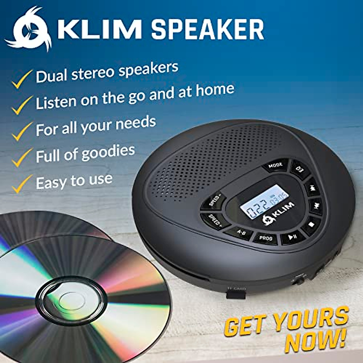 KLIM Speaker + Portable CD Player with Speakers + New 2022 + Walkman + Rechargeable Battery + Portable CD Player with Headphones + CD Player Portable + SD/TF Card + AUX + Ideal Car CD Player