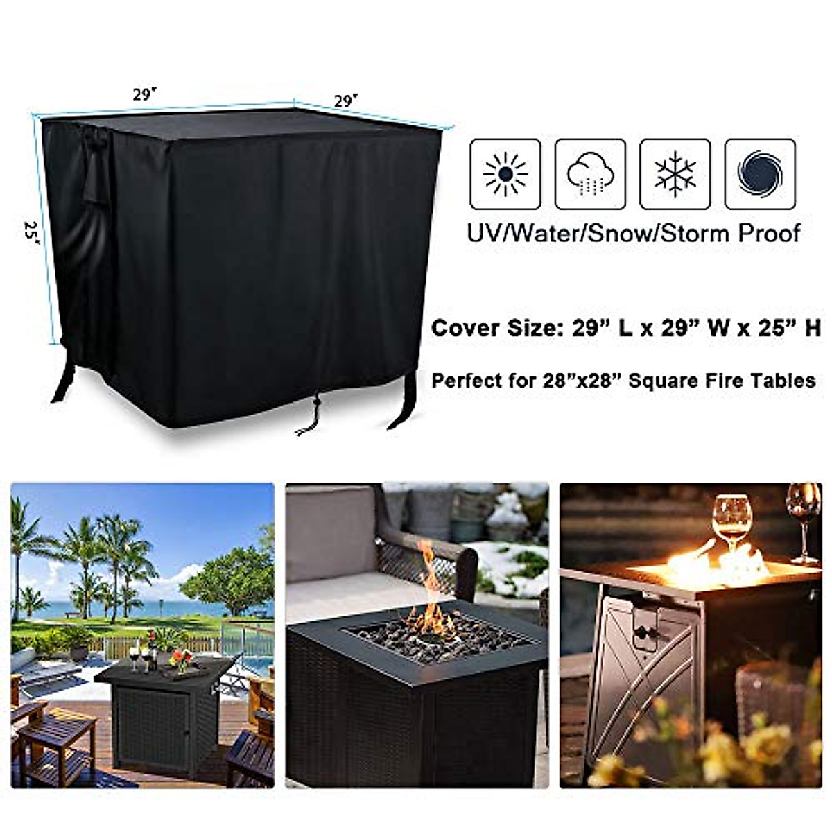 Saking Fire Pit Cover,28 Inch Square Firepit Covers Gas Fireplace Fire Pit Table Cover for Propane Fire Pit - 28 x 28 x 25 Inch (Black)