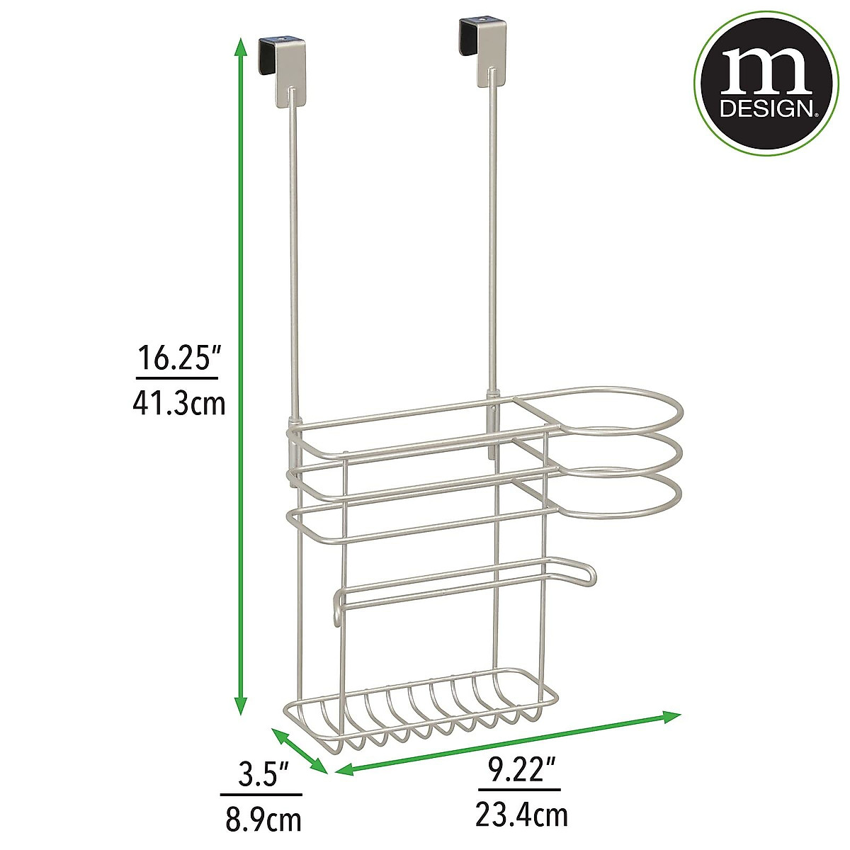 mDesign Metal Bathroom 2 Section Storage Tool Organizer Basket Tray - Hang Over Cabinet Door - Storage for Hair Dryer, Straightener, Curling Iron, Styling Products - Concerto Collection - Satin
