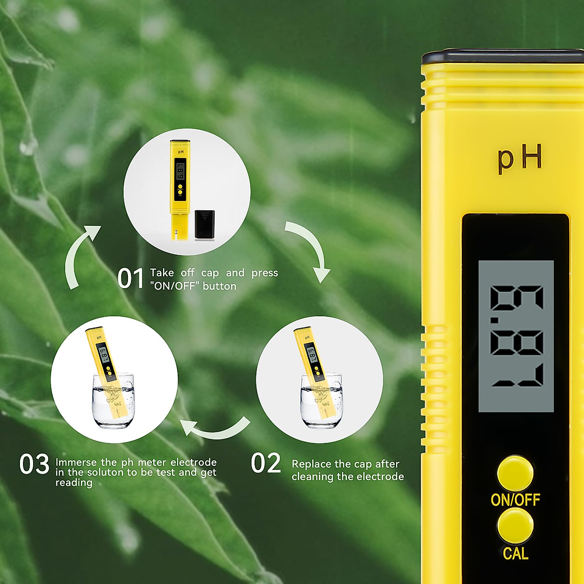 HEYAXA Digital PH Meter for Water, 0.01 PH High Accuracy Pen Type PH Tester for Household Drinking Water, Aquariums, Swimming Pools, PH Range 0-14（Yellow)