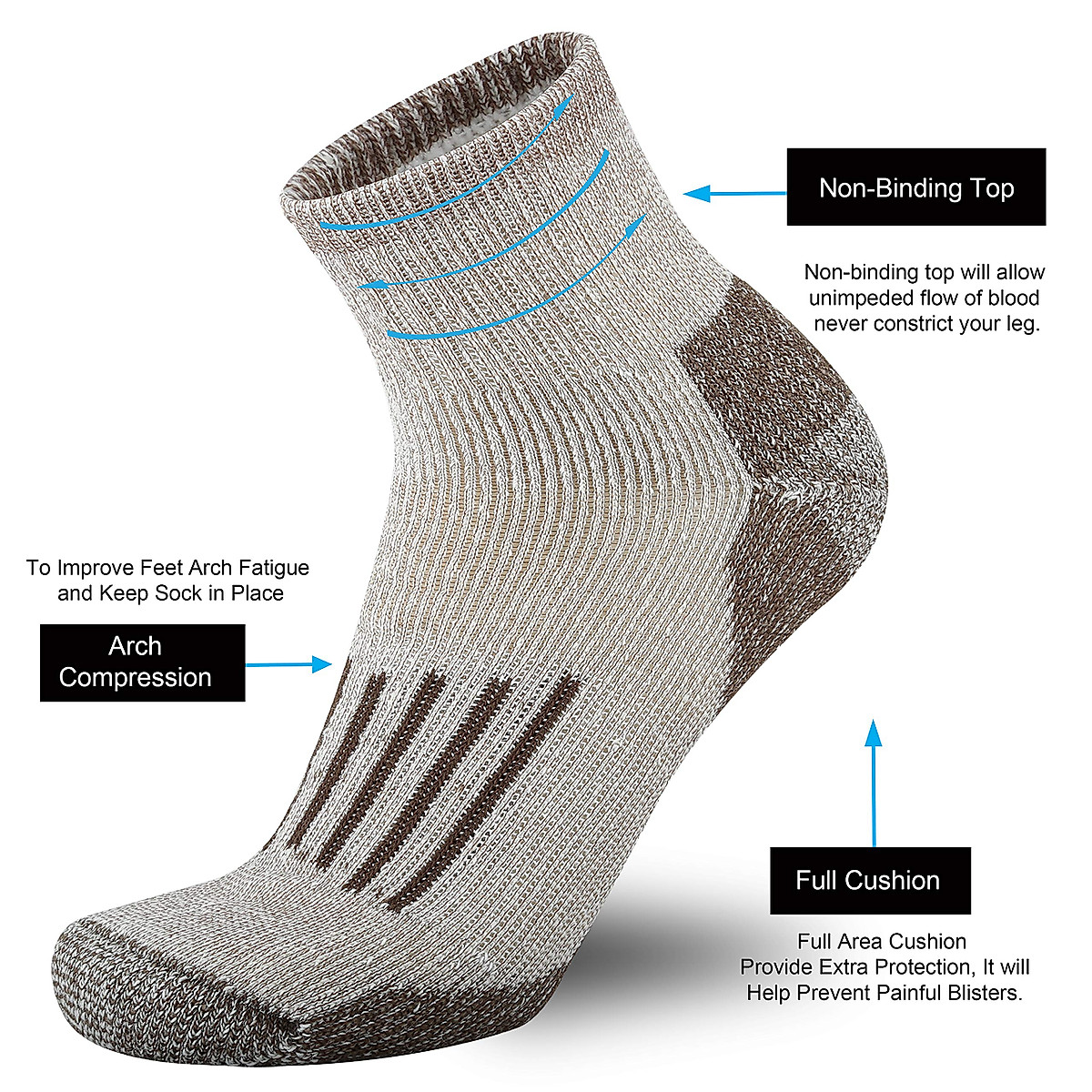 ONKE Merino Wool Low Cut Quarter Socks for Men Outdoor Trail Running Hiking Hiker All Season with Moisture Wicking Control(Brown L)