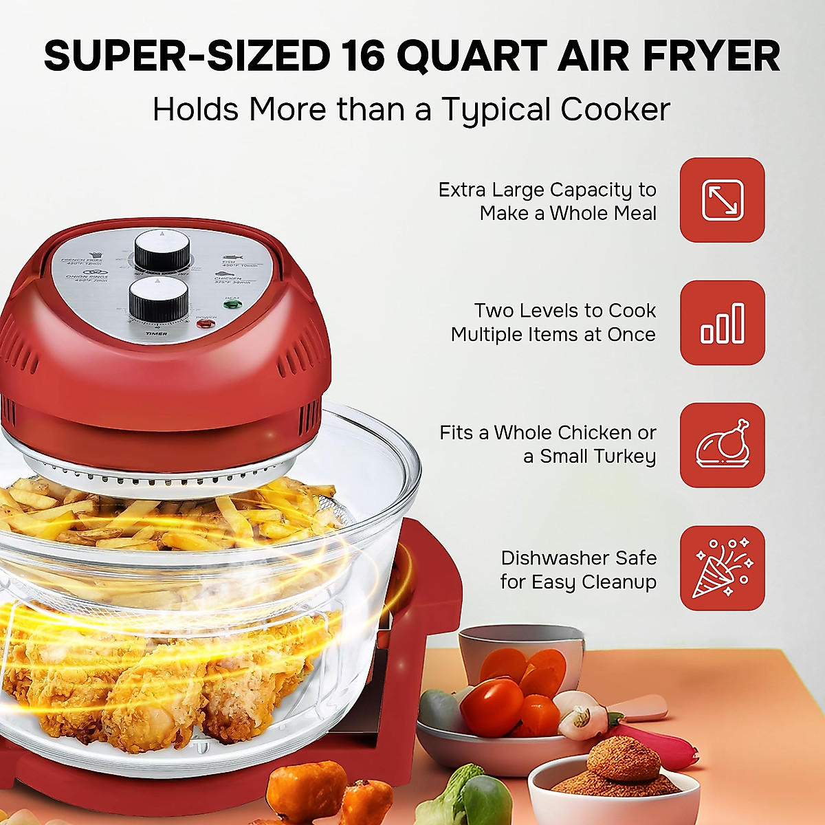 Big Boss 16Qt Large Glass Air Fryer Non Toxic – Large Halogen Oven Cooker with 50+ Air Fryers Recipe Book for Meals for Entire Family, Healthier Oil-Free Crispy Foods As Seen on TikTok