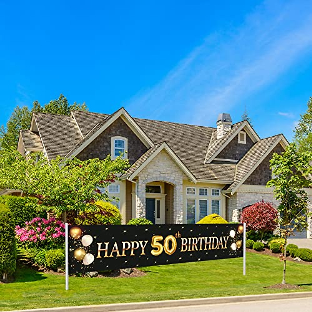 Kimini-Ki Happy 50th Birthday Banner, Lager 50th Birthday Banner Backdrops, 50th Years Old Decor, 50th Birthday Party Decorations for Men or Women - Black and Gold (50th)