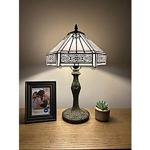 enjoy decor lamps Tiffany Table Lamp White Stained Glass Hexagon LED Bulb Included for Living Room Dining Room Bedroom Bedside 12'W*12" D*19" H