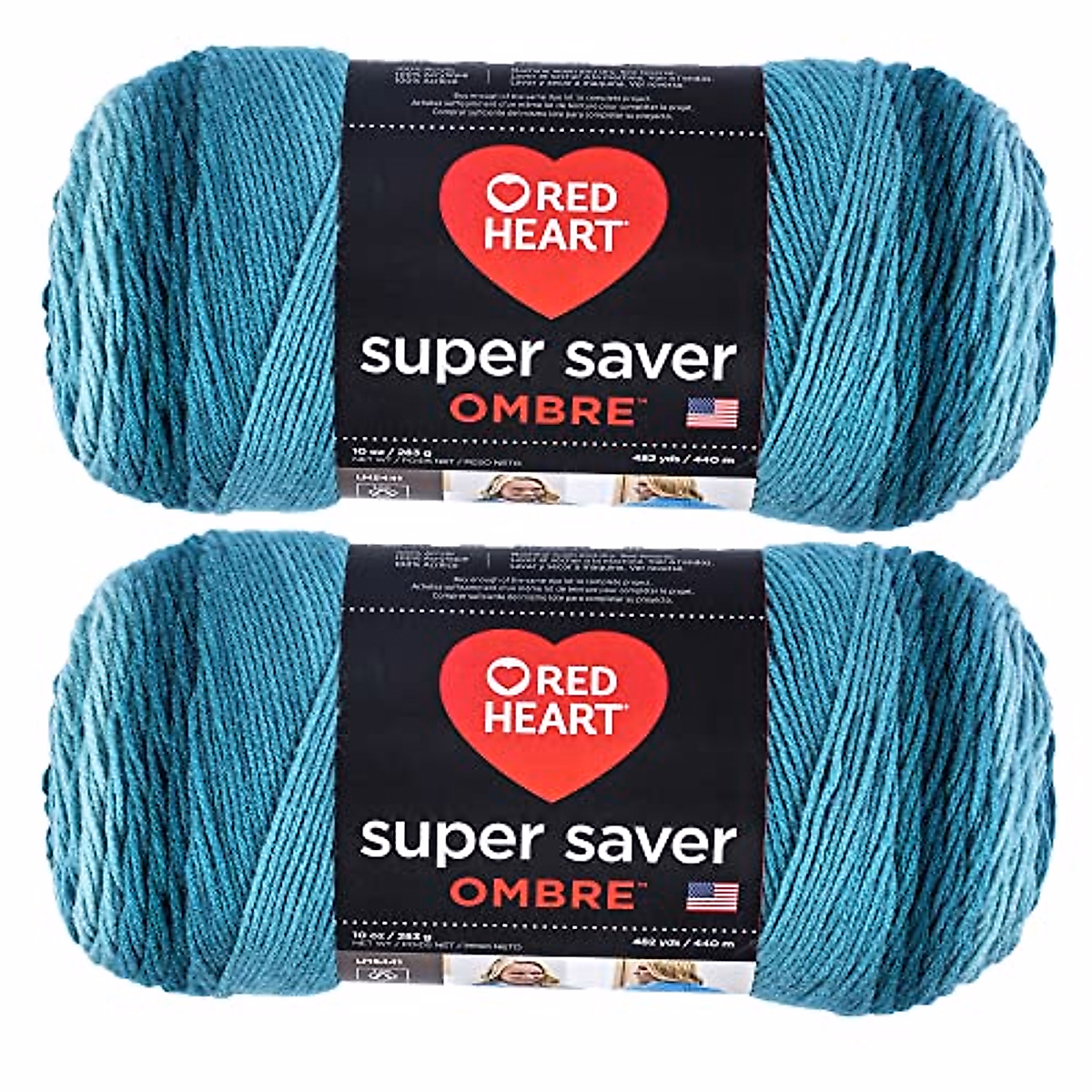 Red Heart Super Saver Jumbo Deep Teal Ombre Yarn - 2 Pack of 283g/10oz - Acrylic - 4 Medium (Worsted) - 482 Yards - Knitting/Crochet