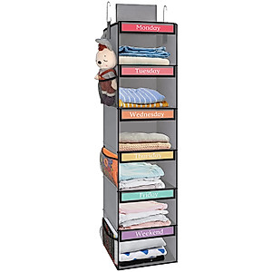Fixwal 6-Shelf Weekly Hanging Closet Organizer for Kids with 6 Side Pockets, Weekday Kids Clothes Organizers Monday Through Friday Clothes Foldable Hanging Storage Shelves (Grey)