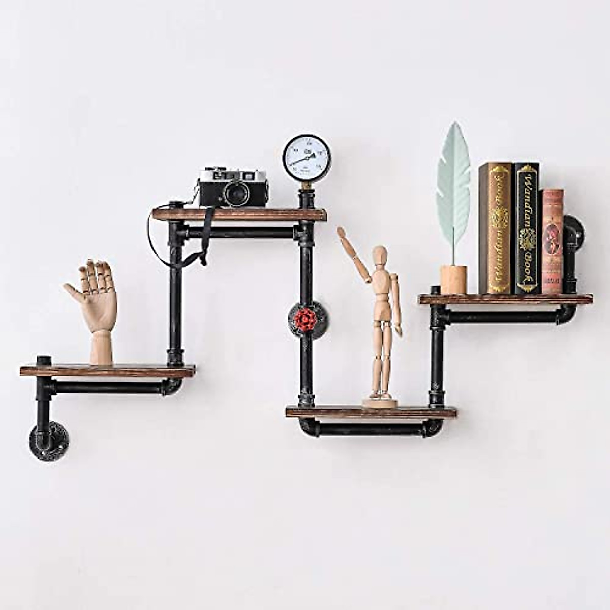 BOSURU Industrial Floating Pipe Wall Shelves Rustic Wood Shelving 4 Layer Ladder Hanging Bookshelf for Bedroom Office Decor