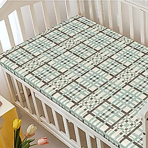 Retro Themed Fitted Mini Crib Sheets,Portable Mini Crib Sheets Soft and Breathable Bed Sheets-Baby Sheet for Boys Girls,24“ x38“,Seafoam Beige Brown