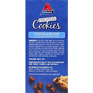 Atkins Chocolate Chip Protein Cookie, Protein Dessert, Rich in Fiber, 3g Net Carb, 1g Sugar, Keto Friendly, 4 Count