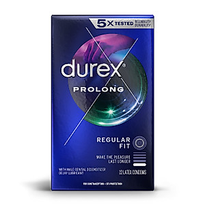 Durex Condom Prolong Natural Latex Condoms, 12 Count - Ultra Fine, ribbed and dotted with delay lubricant, Regular Fit