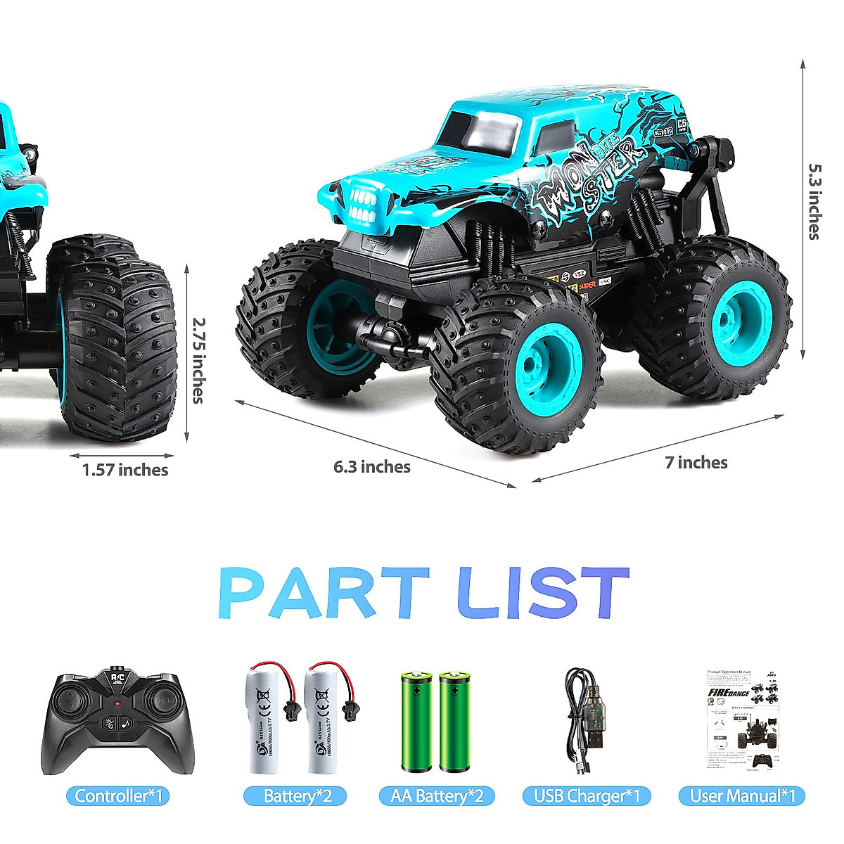 DYODYORC Remote Control Car, 2.4Ghz All Terrain Dinosaur Monster Truck Toys, RC Truck with Music, 3 Lighting Effects, 360 Stunt Capable, All included Ready to Run, Toy Gifts for Boys and Girls (Green)