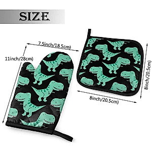 T-Rex Dinosaur Pattern Heat Resistant Oven Mitts and Pot Holders Sets of 2 for Kitchen Non-Slip Oven Gloves for BBQ Cooking Baking