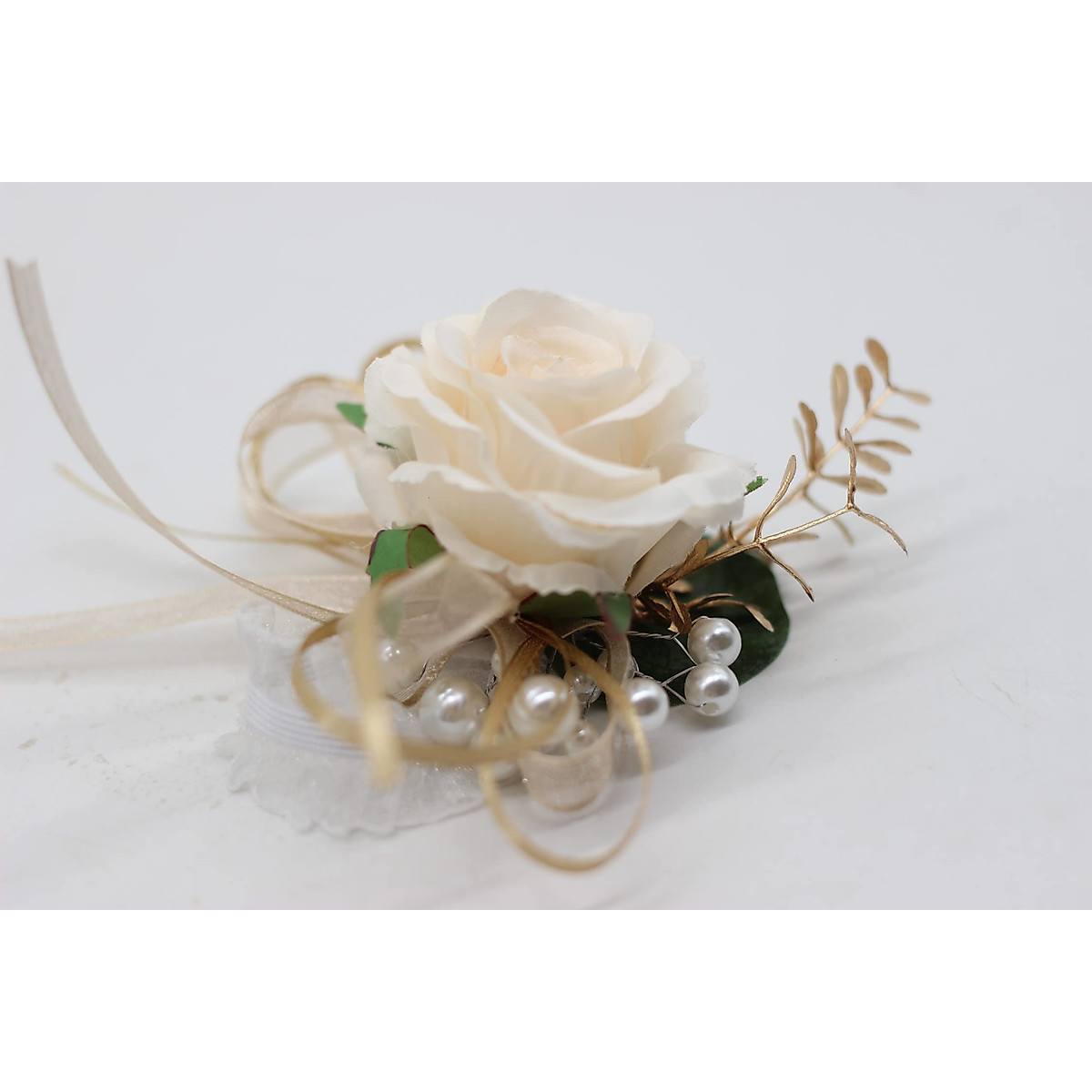 YOKOKE 2 Corsages, Handmade Artificial Peony Rose Wrist Corsage Wristlet Wedding Prom Suit Decorations (2 Gold Wrist Corsage)