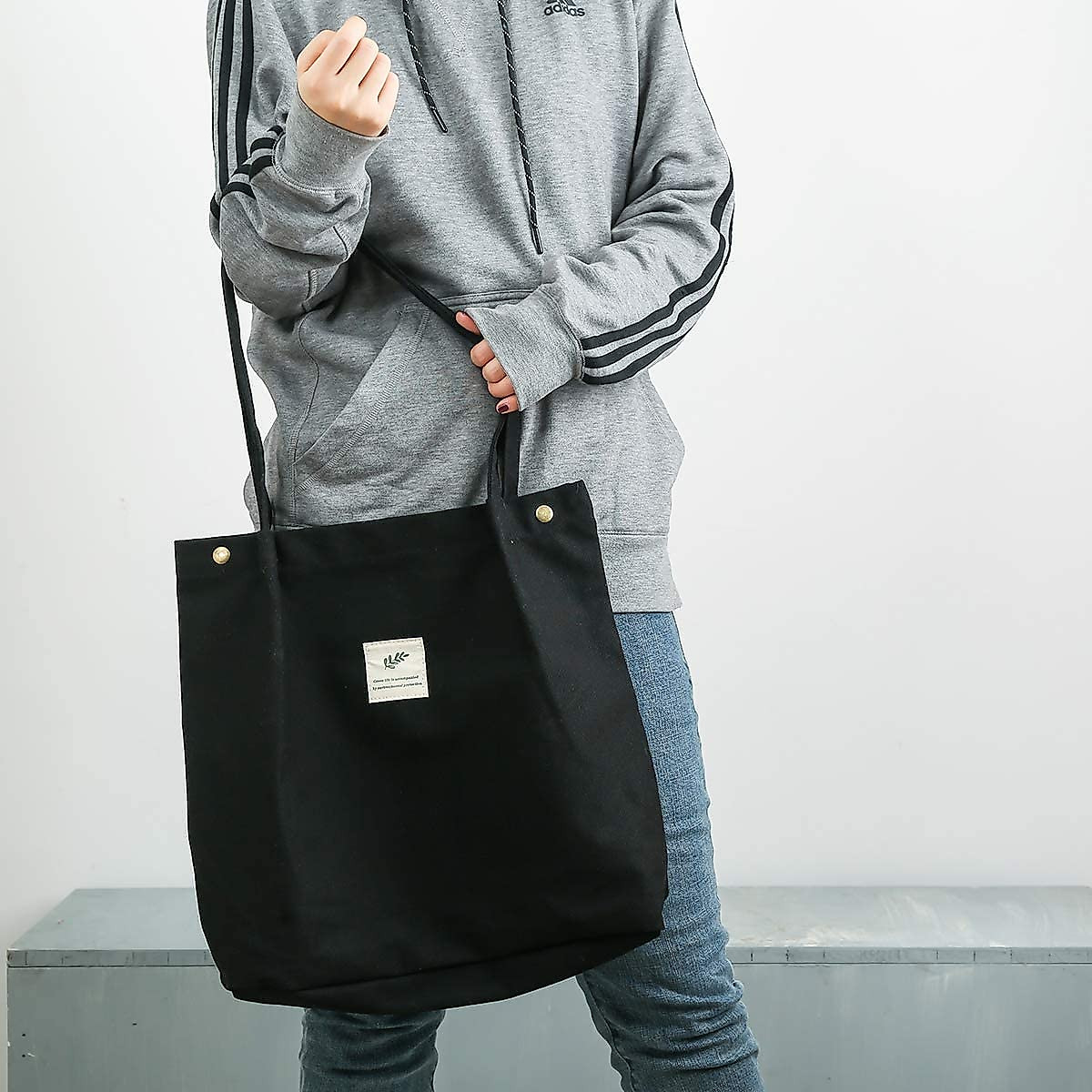 Canvas Tote Bag for Women Washable Reusable Carry Shoulder Bag With Inner Pocket (Black)