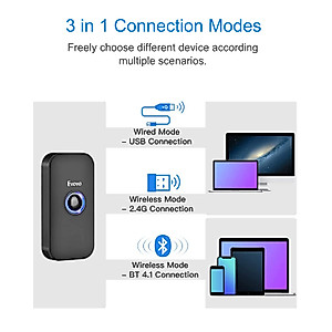 Eyoyo Mini 1D Bluetooth Barcode Scanner with Case, 3-in-1 Bluetooth & USB Wired & 2.4G Wireless Barcode Reader Portable Bar Code Scanning Work with Windows, Android, iOS, Tablets or Computers(Black)