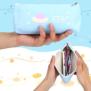 TIESOME 2Pcs Small Pencil Case, Cute Slim Design Leather Pencil Case Pouch Bag with Zipper Stationery Bag Portable Cosmetic Bag for Pen Pencils Markers(Gray+Blue)