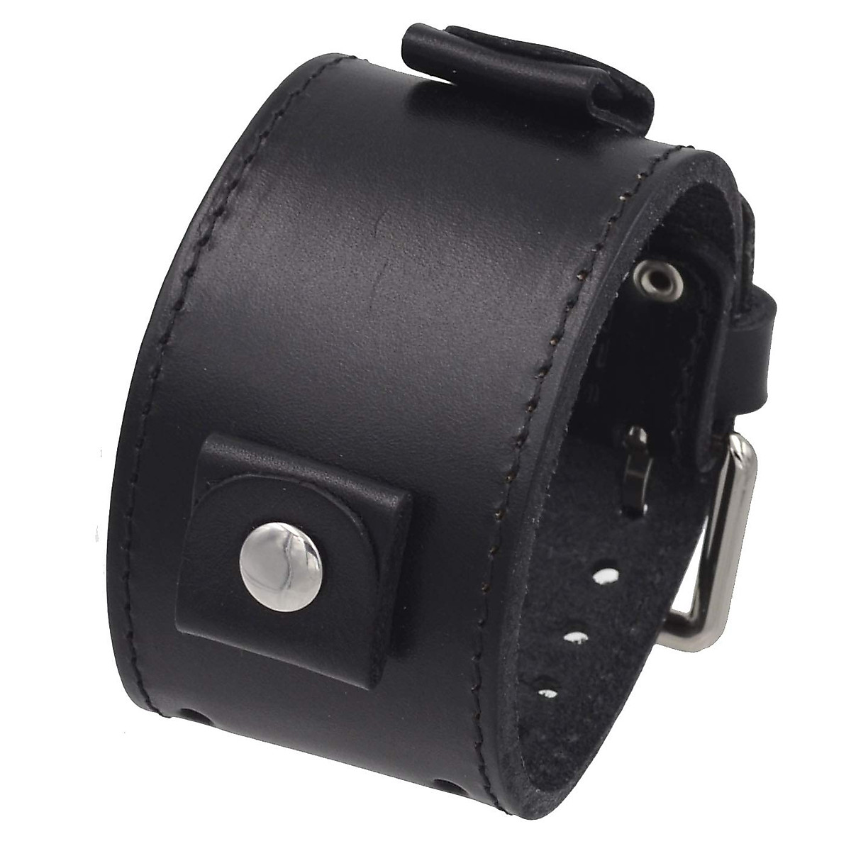Nemesis LBB-KK 24mm Lug Width Wide Black Leather Cuff Wrist Watch Band with Black Stitching