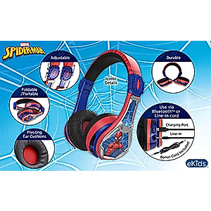 eKids Spiderman Bluetooth Kids Headphones with Microphone, Volume Reduced to Protect Hearing Rechargeable Battery, Adjustable Kids Headband for School Home or Travel