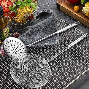 RJ Legend Stainless Steel Kitchen Accessory Utensils Set - Spider Wired Pasta & Noodle Spoon, Fine Mesh Strainer for Cooking, Anti-Grease Fry Away Ladle, Solidifier Pot, Fat Separator, 7 - Inches