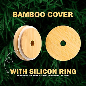 [Pack of 4] Mason Jar Glass Cups With Lids And Straws 24 Oz, Smoothie Boba cup With Bamboo Lids, Reusable Glass Iced Coffee Cups, Wide Mouth Bubble Tea Cup, Leak Proof Glass tumbler Drinking