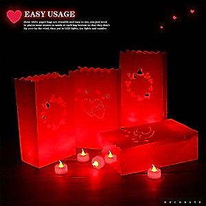 12 Pieces Luminary Paper Bags with 12 Pcs LED Flameless Candle Red Hearth Luminaries Paper Bags Flame Resistant Candle Bag for Valentine's Day Wedding Outdoor Party Home Decoration