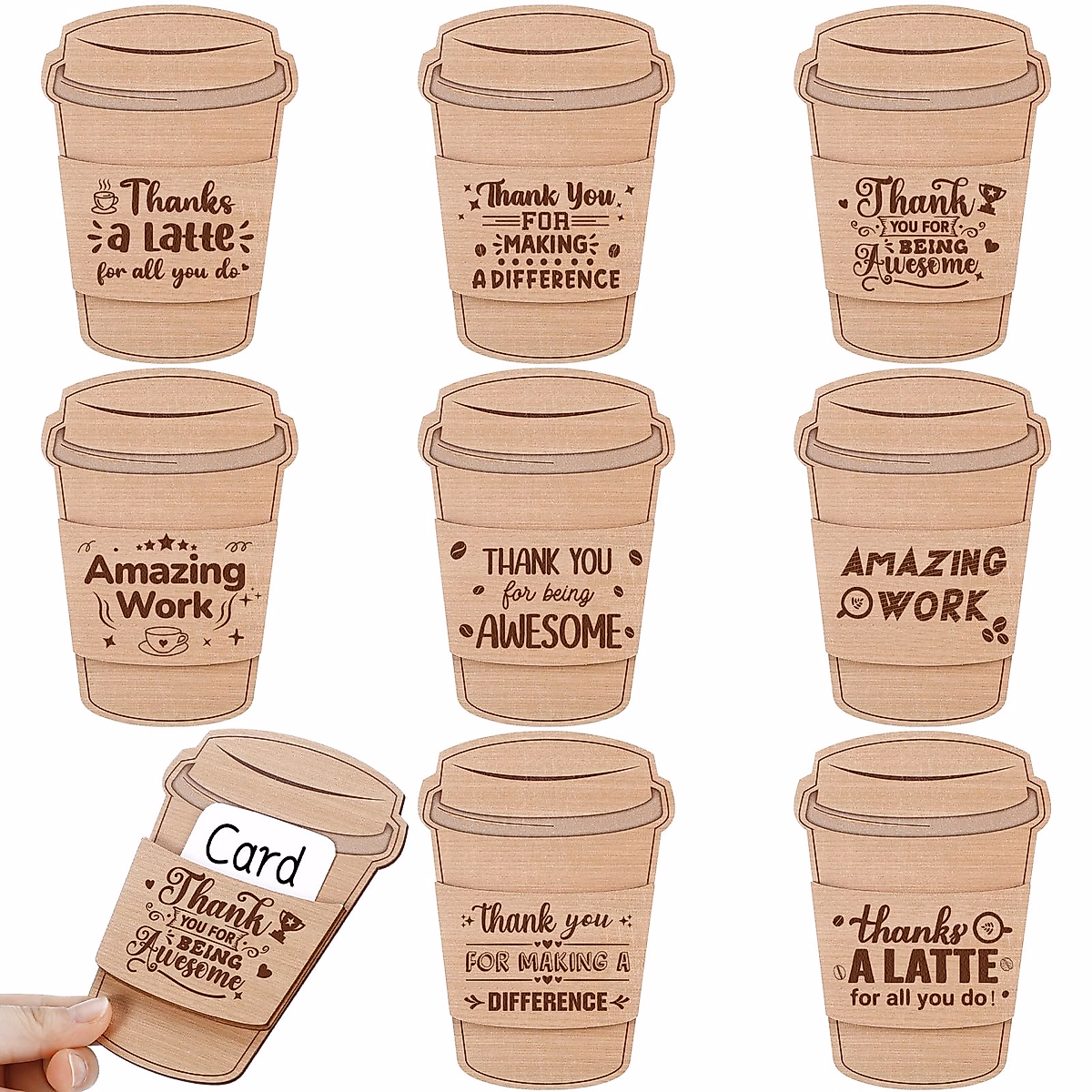 Seeloowy 8 Pcs Employee Thank You Coffee Gift Card Holder Thanks a Latte Coffee Holiday Money Holder Cards Wooden Gift Card Ornament for Coworker Teachers Team Staff Office Favors