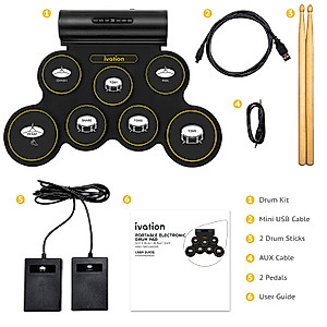 Ivation Portable Electronic Drum Pad - Digital Roll-Up Touch Sensitive Drum Practice Kit - 7 Labeled Pads 2 Foot Pedals Kids Children Beginners (with Speaker and Built in Rechargeable Battery)