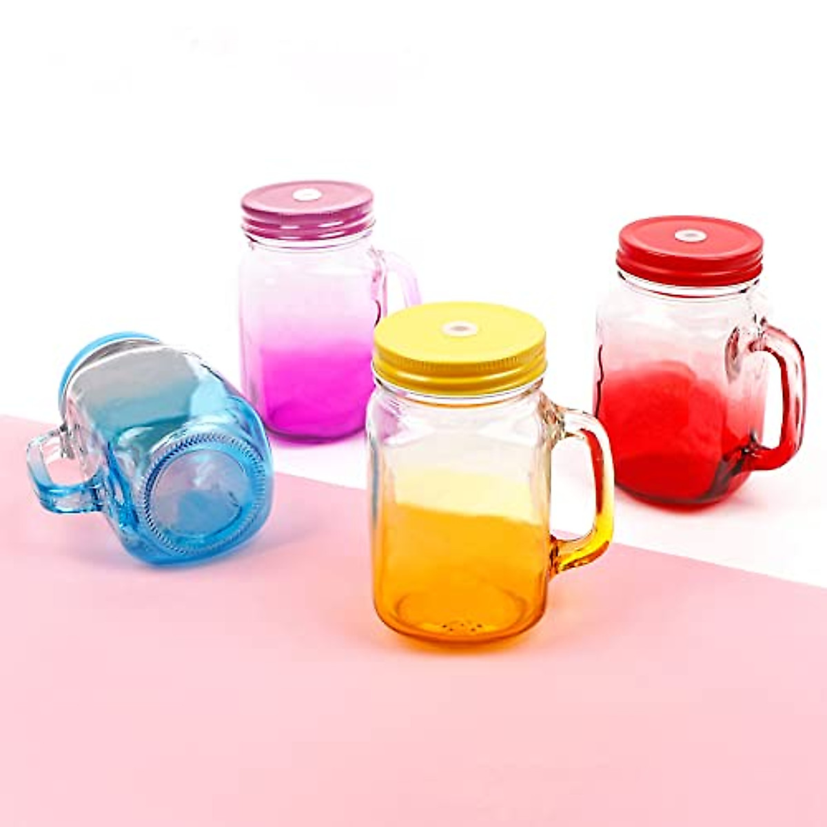 QUIENKITCH 16OZ Mason Jar with Lid and Straw, Set of 4 Colored Mason Jar Drinking Glasses Mason Jar Cups with Handle for Iced Coffee Large Pearl Juices Cocktail