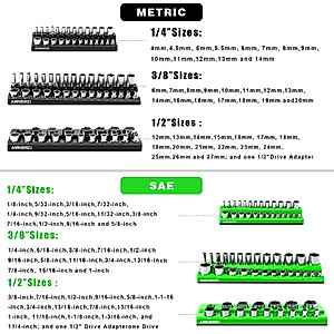 AMNBREI Magnetic Socket Organizer, 6 Piece Set Metric and SAE Magnetic Socket holders Holds 143 Sockets, 1/2-inch, 3/8-inch, 1/4-inch Drive， Attaches to Metal Wall, Organizer Tool Box, Green and Black