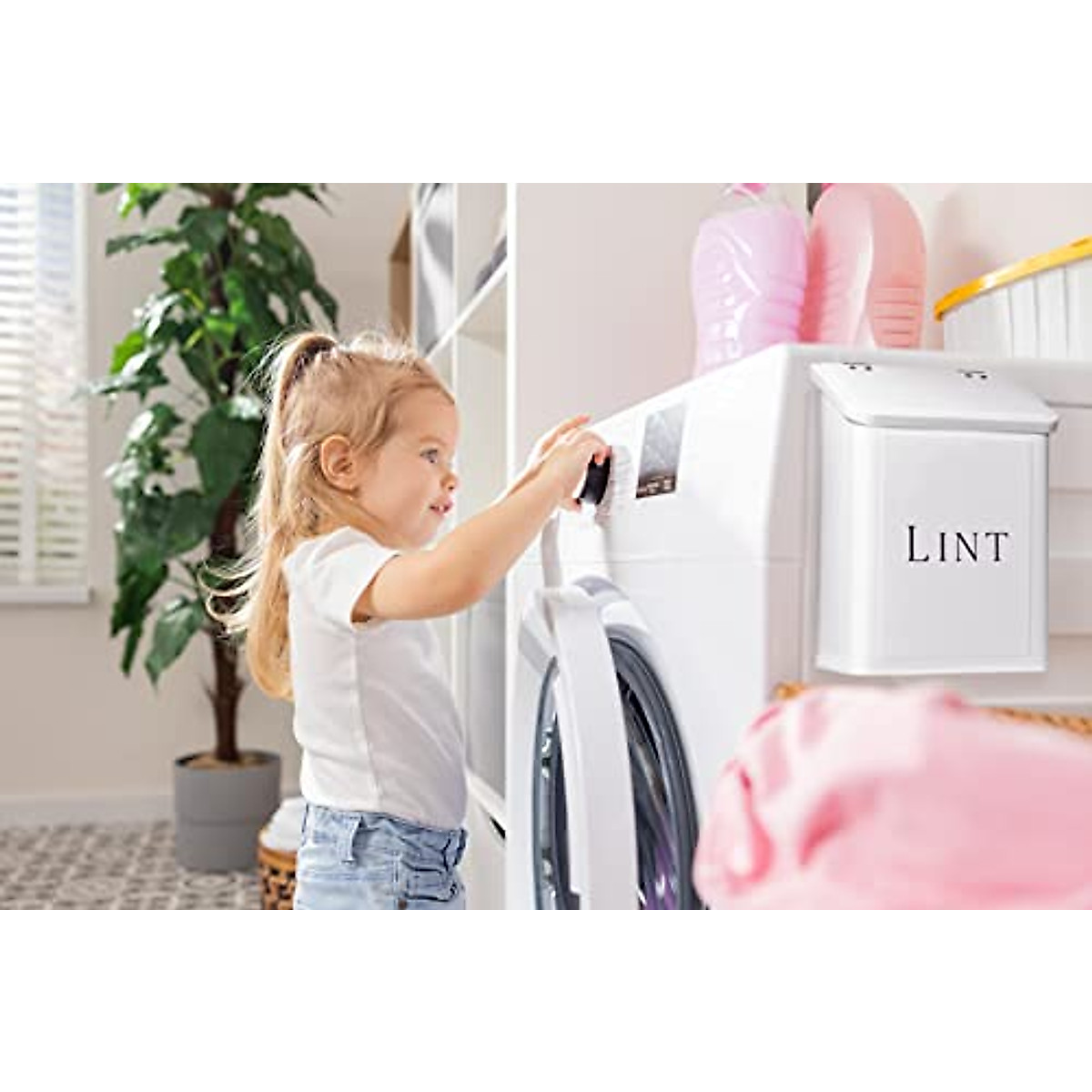 MOUNT DELECTABLE Magnetic Lint Bin for Laundry Room, Wall Mounted Lint Box Holder Trash Can with Lid for Dryer, Lint Basket for Laundry Room, Farmhouse Style Laundry Storage and Organization