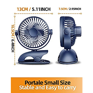 Viniper Rechargeable Clip Fan, Battery Operated Fan : 4 Speeds Strong Wind & 360° Rotation, Sturdy Clamp, Portable Clip on Fan, Quiet and Powerful for Home Office Travel Camping (Blue)