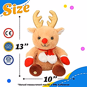 Hopearl Christmas LED Plush Reindeer Light up Elk Stuffed Animal Rudolph Floppy Night Lights Glow in The Dark Birthday Festival for Kids Toddler Girls, Brown, 13’’