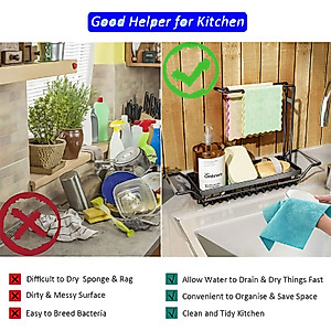 Aouton Sponge Holder for Kitchen Sink, Expandable (16.7"-21.3") Sink Caddy Sink Organizers, Stainless Steel 4-in-1 Dish Sponges Brush Soap Holder with Dishcloth Towel Drying Rack