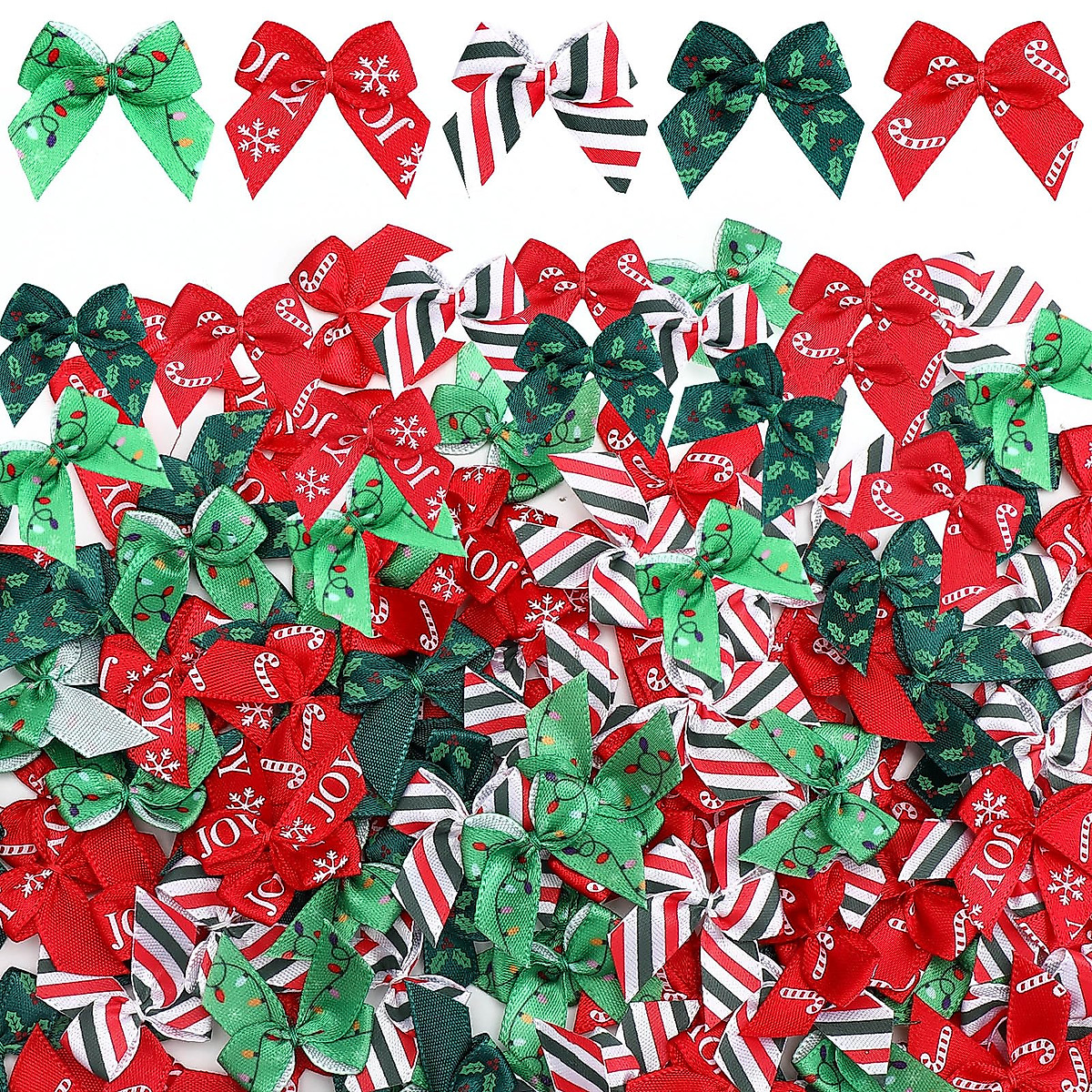 Syhood 150 Pcs Christmas Mini Bow Tiny Twist Tie Bow Handmade Craft Ribbon Bow Hair Small Bow Holiday Bow Craft Supply for DIY Sewing Party Decor (Red and Green,Patterned)