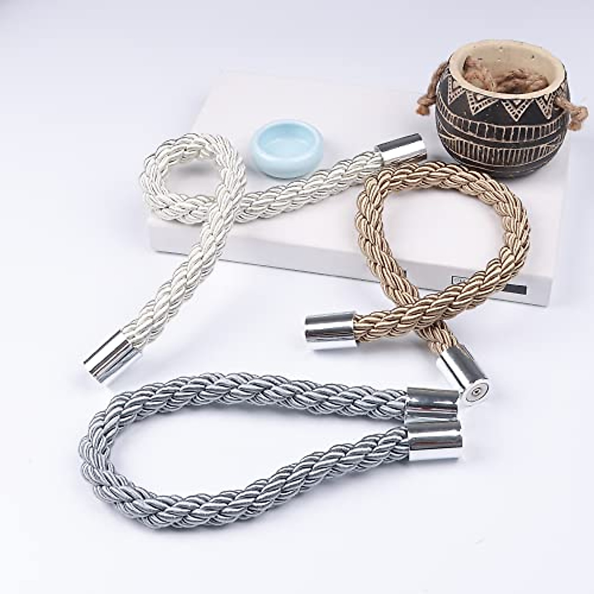 Groleca 2 Pack Strong Magnetic Curtain Tiebacks Curtain Holdbacks Curtain Ties Curtain Tie Backs with Thicker Twist Rope & Upgrade Strong Magnetic Tiebacks for Curtains (Creamy-white, 2)