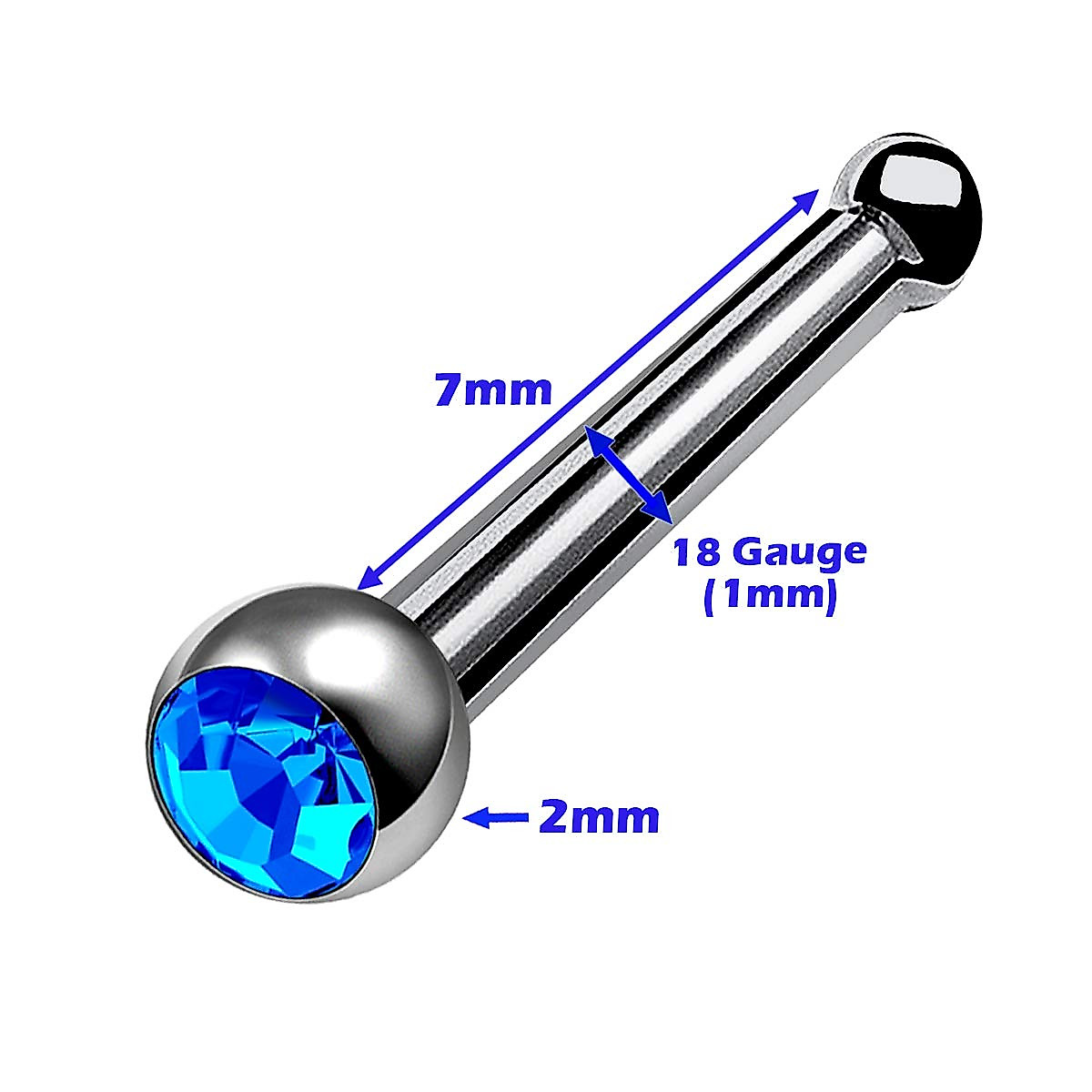 3Pcs Titanium 18 gauge 9/32 7mm Nose Stud Earrings Piercing Jewelry 2mm Aurora Borealis Aquamarine Sapphire Crystal M8409